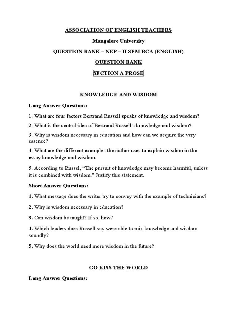 QUESTION - BANK BCA II SEM Generic English | PDF | Knowledge | Wisdom