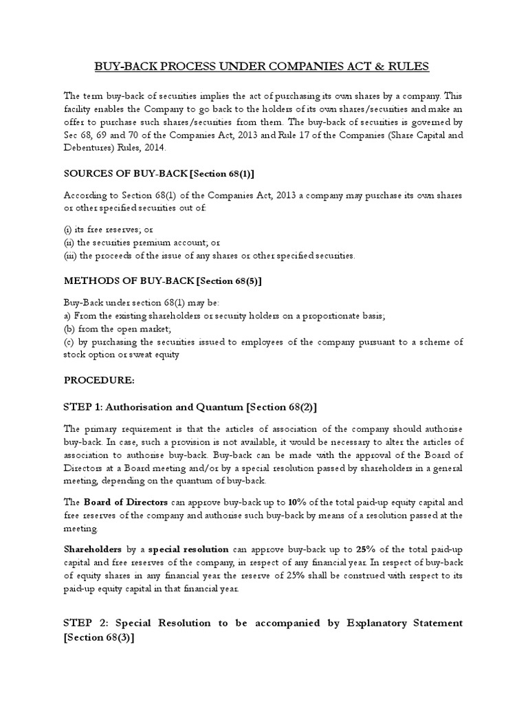 Buy-Back Process Under Companies Act 2013 | PDF | Share Repurchase ...
