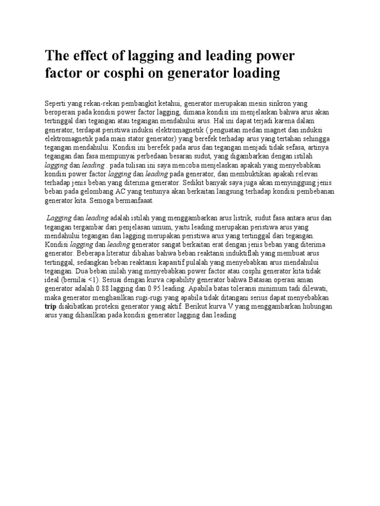 The Effect of Lagging and Leading Power Factor or Cosphi On Generator ...