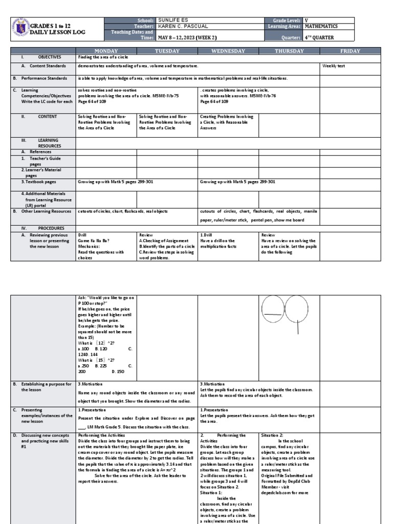 DLL - Mathematics 5 - Q4 - W2 | PDF | Area | Circle