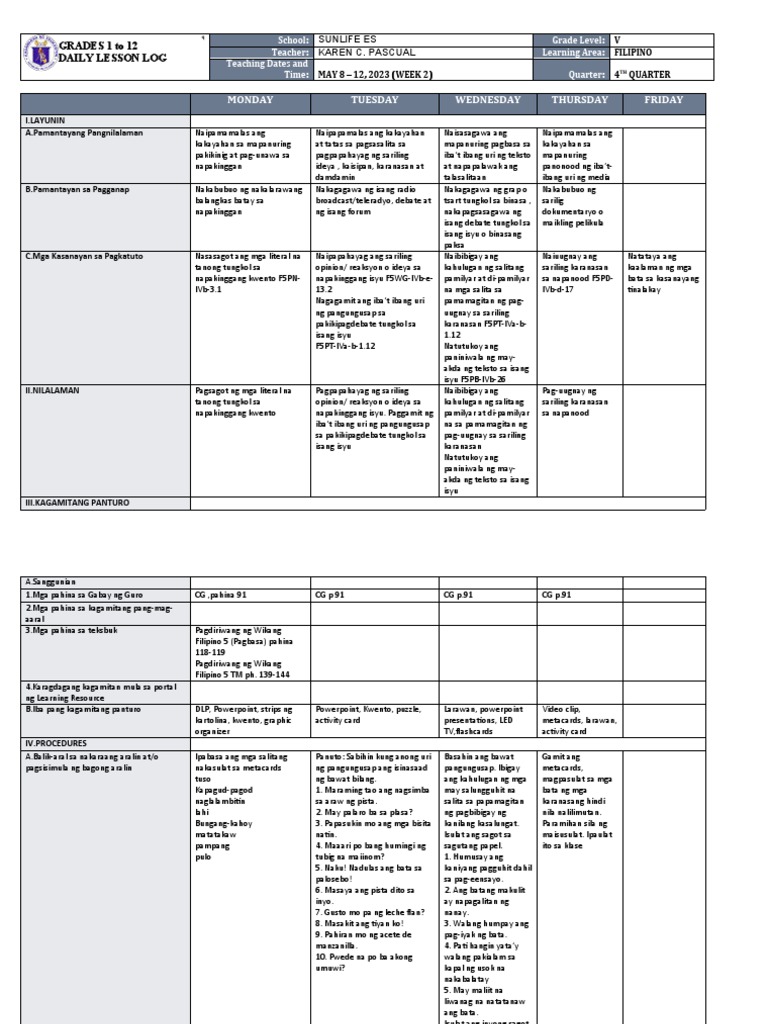 DLL - Filipino 5 - Q4 - W2 | PDF