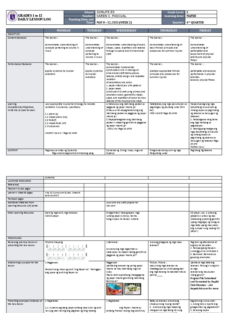 DLL - Mapeh 5 - Q4 - W2 | PDF | Learning