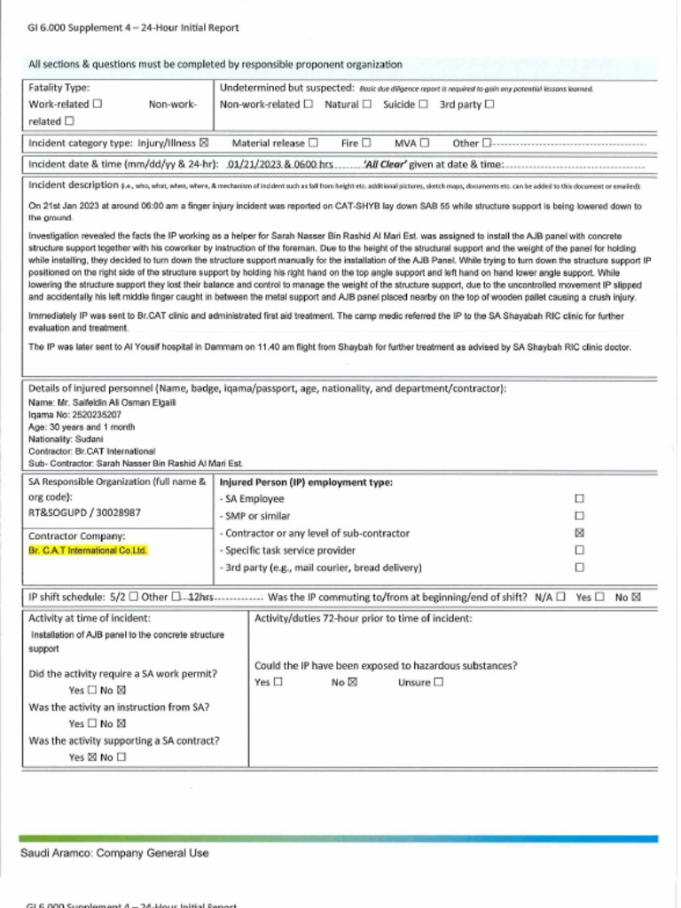 GI 6.000 Supplement 4 - 24 Hour Initial Report - Finger Injury - 21 ...