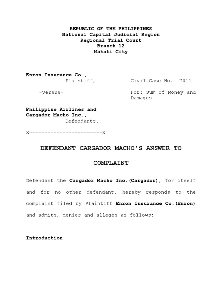 Answer Pleading | Download Free PDF | Complaint | Damages