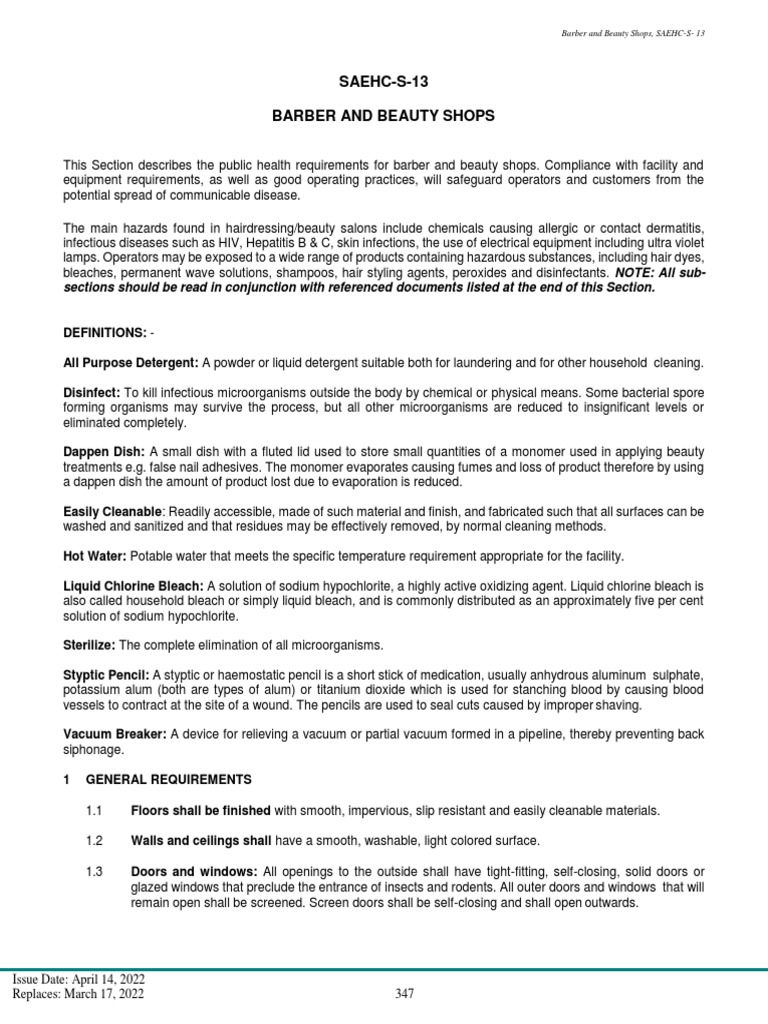 Environmental Health Code 2022 Saehc-S-13 Barber and Beauty Shops | PDF ...