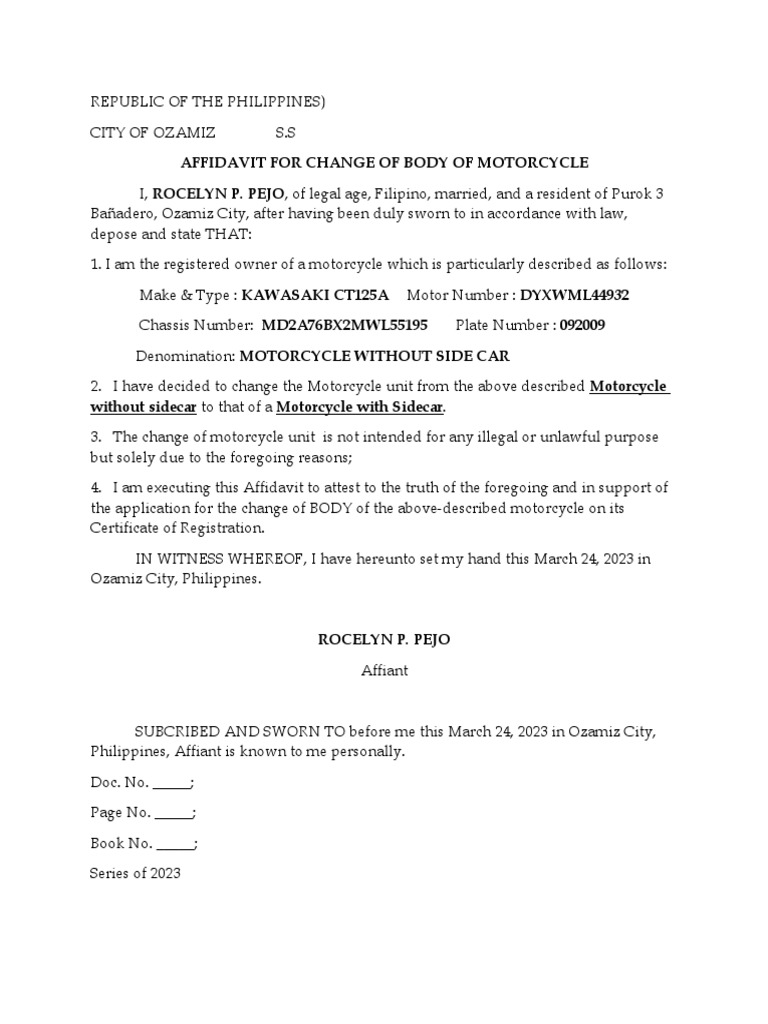 Affidavit of Change Body of Motorcycle - Pejo | PDF