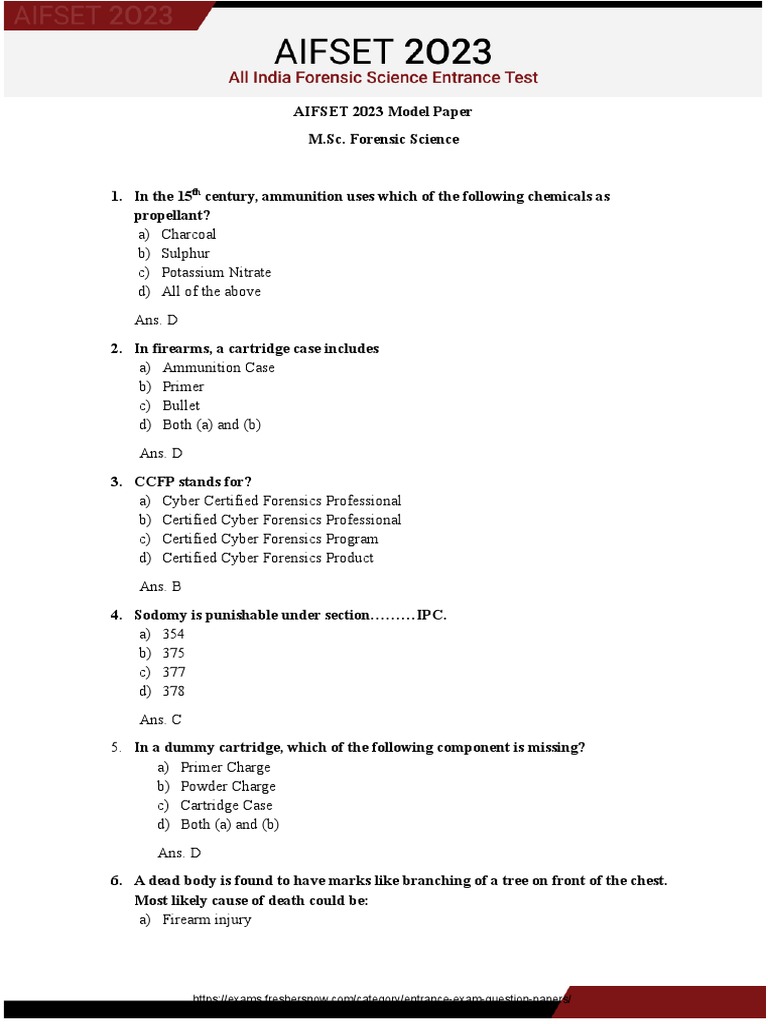 AIFSET M.SC FS Model Test Paper | PDF | Fingerprint | Tooth
