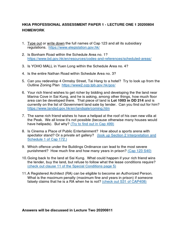 Hkia Professional Assessment Paper 1 - Lecture One 2020080 Homework | PDF