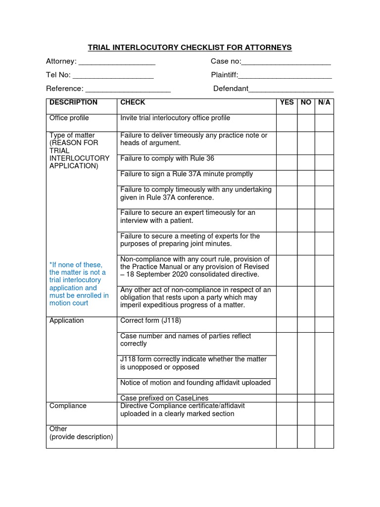 Checklist For Attorneys - Trial Interlocutory | PDF