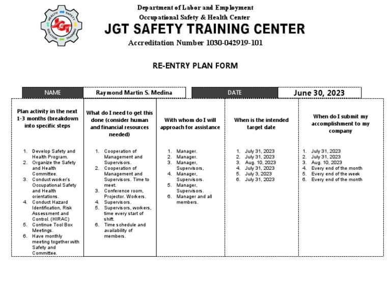Re-Entry Plan for Safety Officers | PDF | Occupational Safety And ...