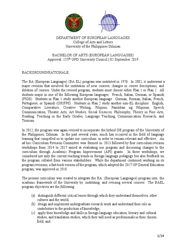 BA European Languages Curriculum UP Diliman | PDF | Cross Cultural ...