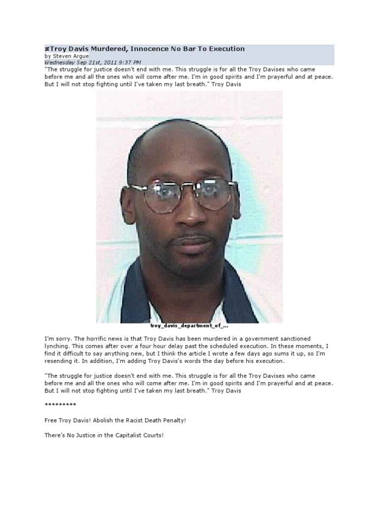 ≠Troy Davis Murdered, Innocence No Bar To Execution: Wednesday Sep 21st ...