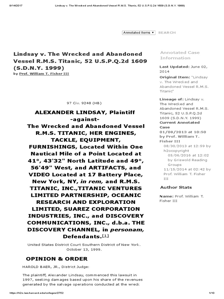 Lindsay V The Wrecked And Abandoned Vessel R M S Titanic 52 U S P Q