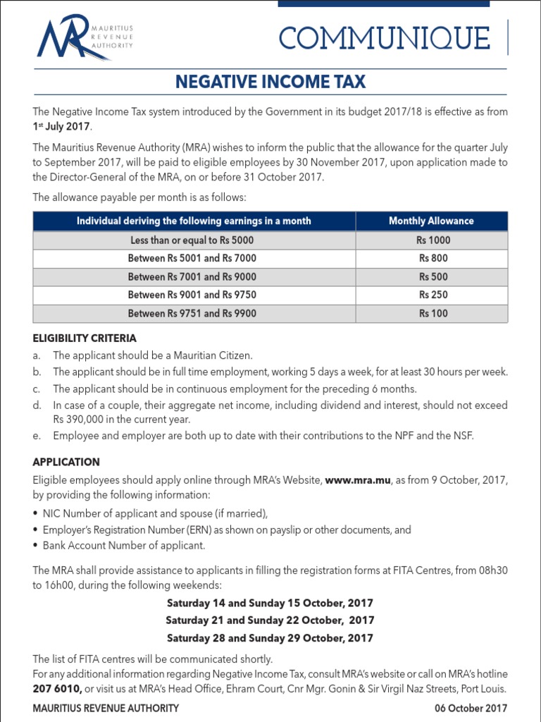 Mauritius Negative Income Tax | Download Free PDF | Taxes | Money