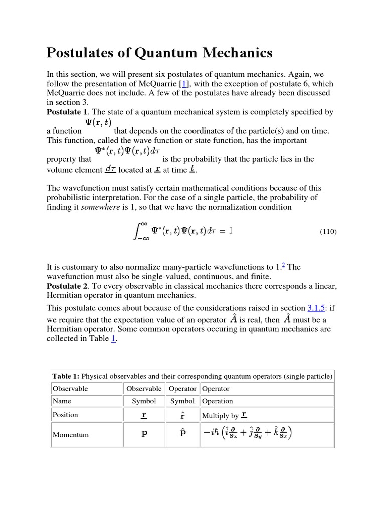 Postulates of Quantum Mechanics | PDF | Wave Function | Quantum Mechanics