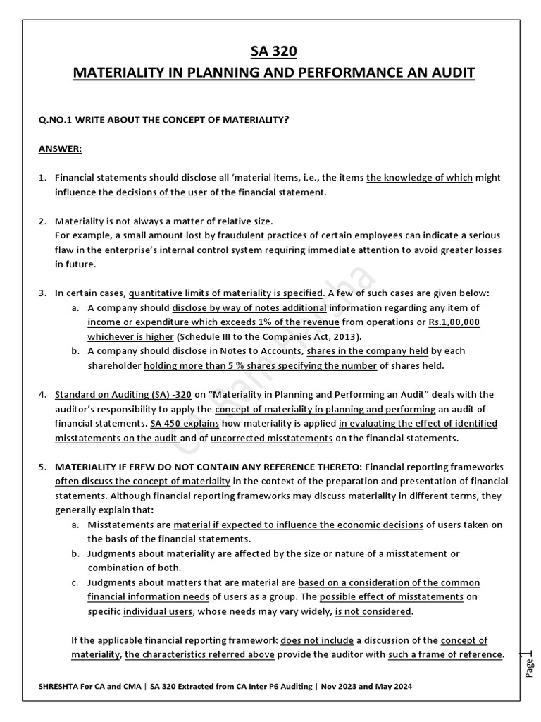 SA 320 Materiality in Planning and Performance An Audit: Q.No.1 Write About The Concept of ...