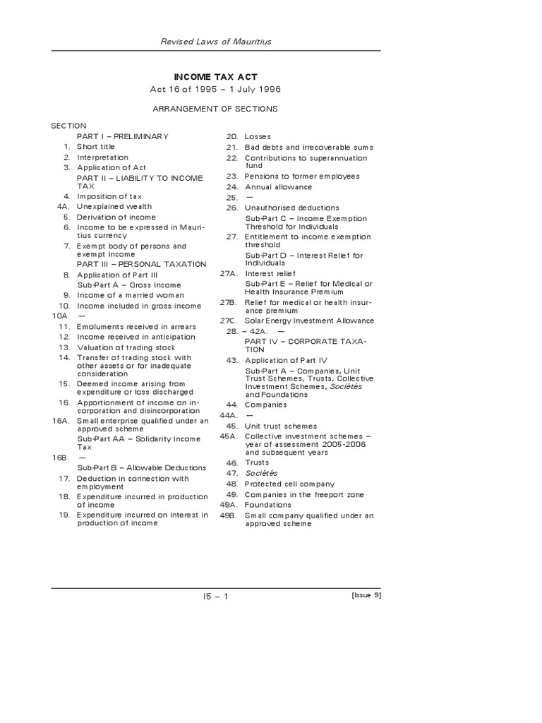 Mauritius Income Tax Act Overview | PDF | Expense | Taxes