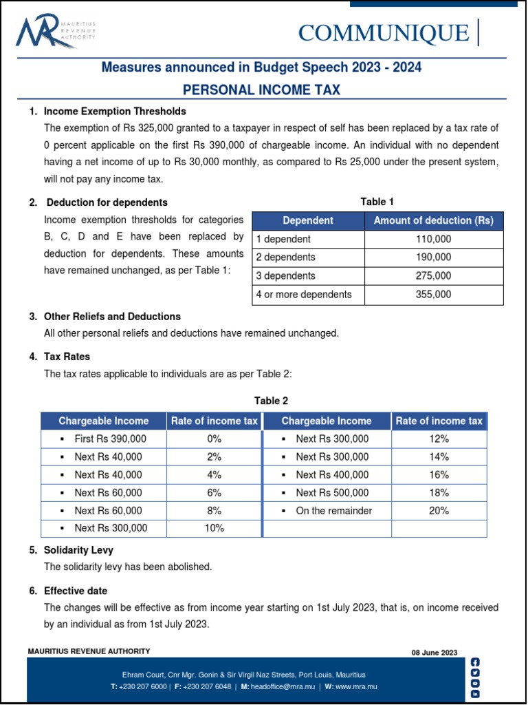 Mauritius Personal Income Tax Changes 2023 | PDF | Tax Deduction | Taxes