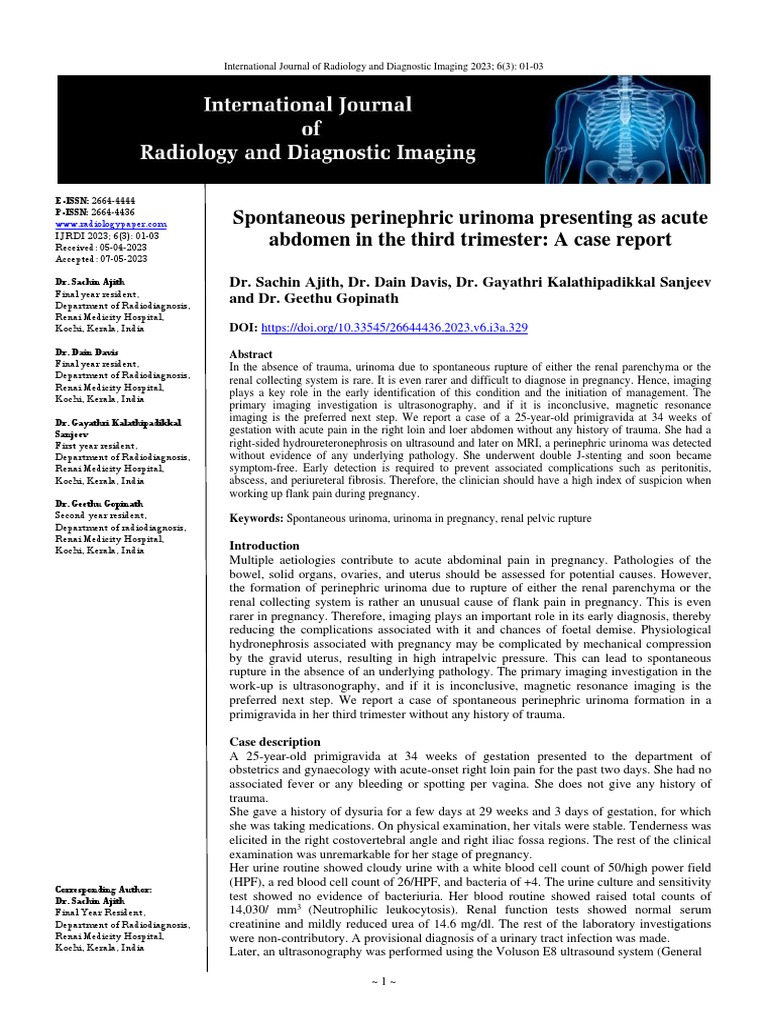Spontaneous Urinoma in Pregnancy Case Report | PDF | Medical ...
