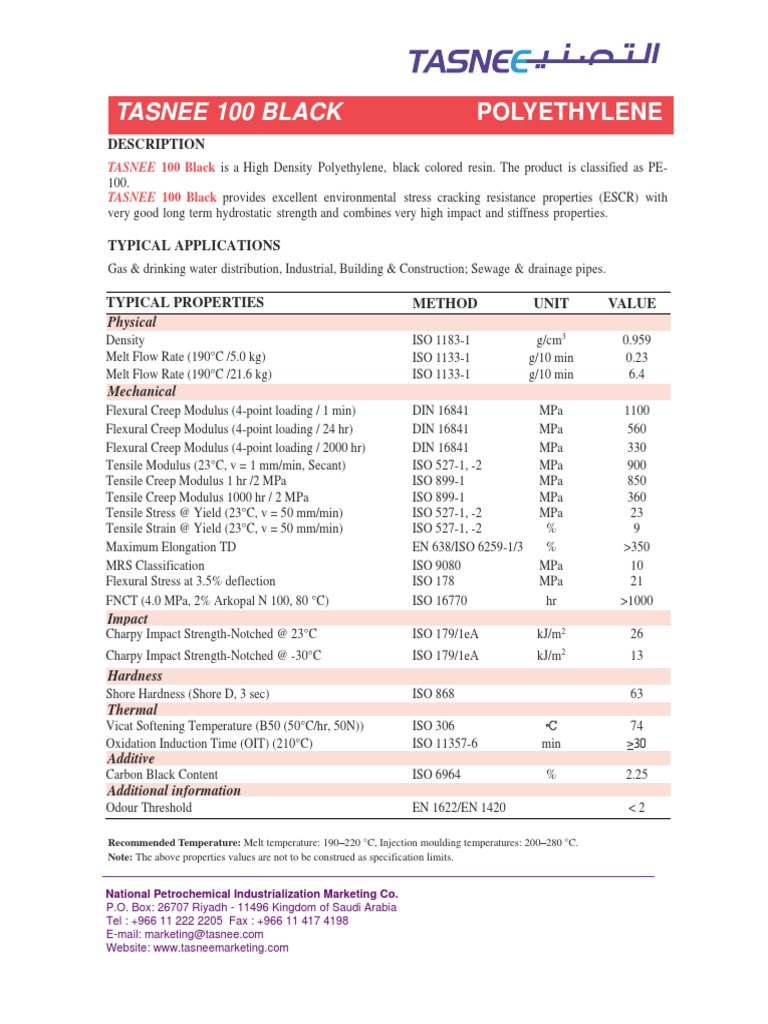 TASNEE 100 Black Polyethylene Overview | PDF | Creep (Deformation ...