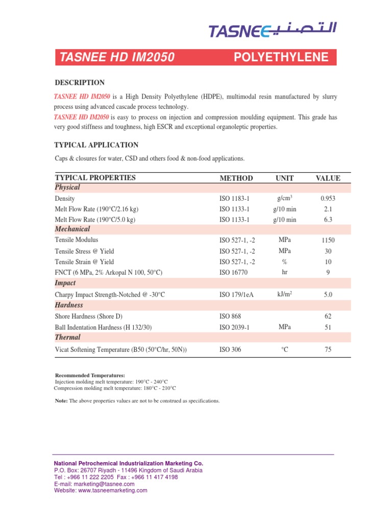 TASNEE HD IM2050 Polyethylene Overview | PDF | Polyethylene | Hardness