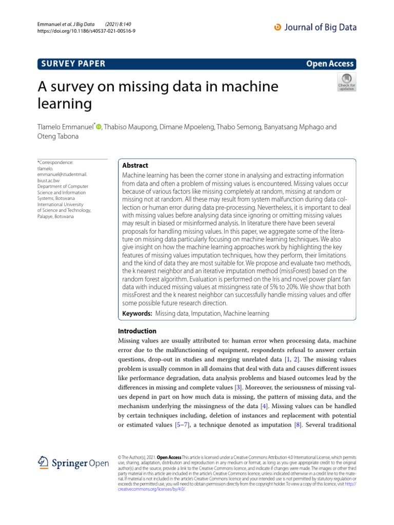 Emmanuel 2021 A Survey On Missing Data in Machine Learning | PDF | Regression Analysis | Support ...