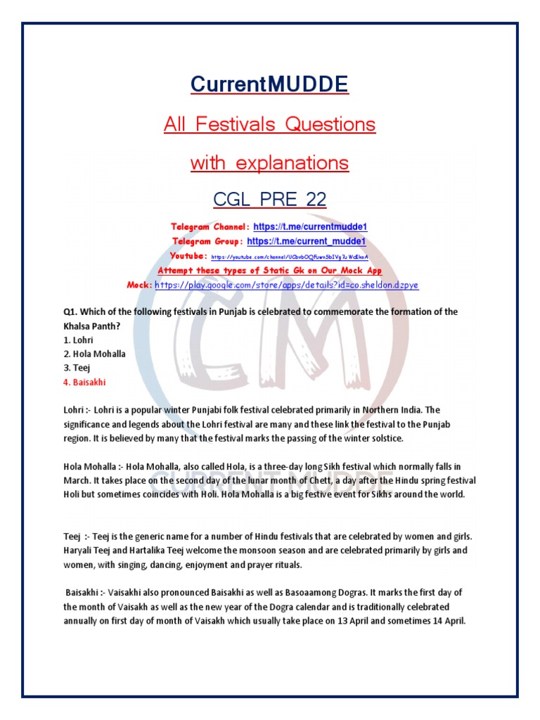 Festival CGL PRE 2023 With Best Explanation | PDF