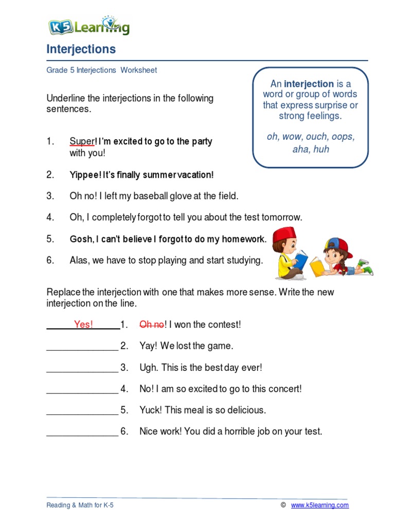 Grade 5 Interjections Worksheet | PDF | Language Arts & Discipline