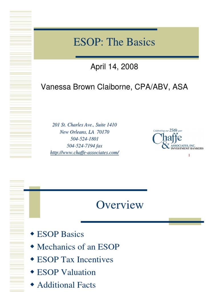 ESOP: The Basics: April 14, 2008 Vanessa Brown Claiborne, CPA/ABV, ASA ...