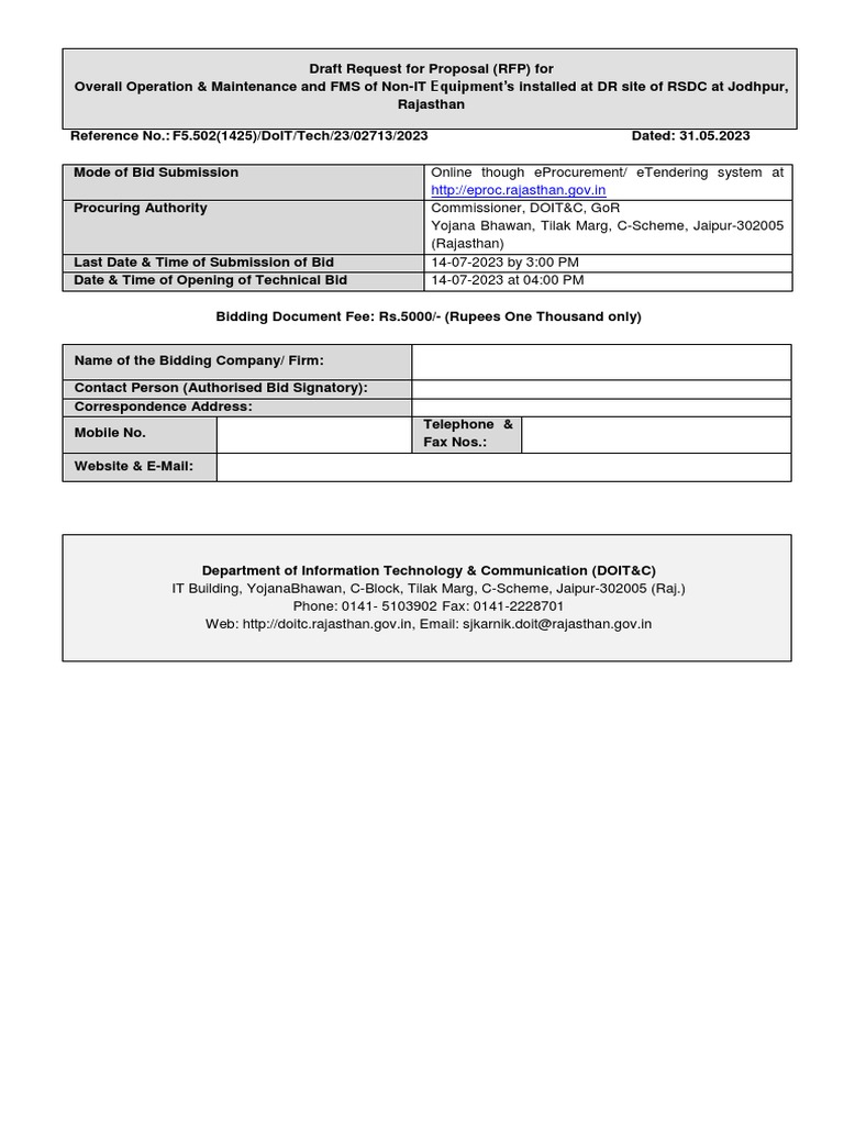V6.15.Draft RFP For FMS and O&M of Non IT Equipment of DR Site Jodhpur - PD - 29.05.23 | PDF ...