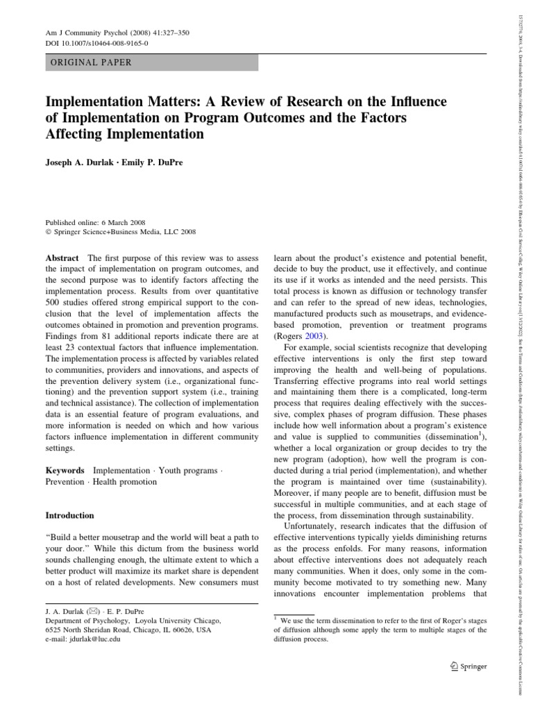 American J of Comm Psychol - 2008 - Durlak - Implementation Matters A Review of Research On The ...
