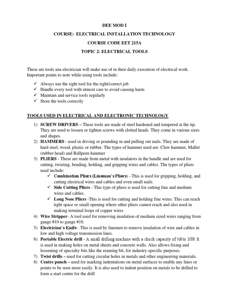 2 Topic ELECTRICAL TOOLS With Knec Past Questions | PDF | Manufactured ...