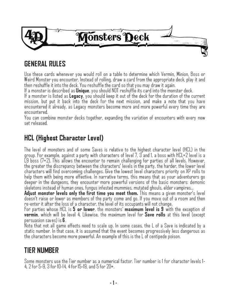 Monster Encounter Rules for Four Against Darkness | PDF | Role Playing ...