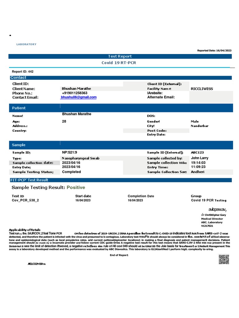 Covid 19 Test Report | Download Free PDF | Health Sciences | Clinical ...