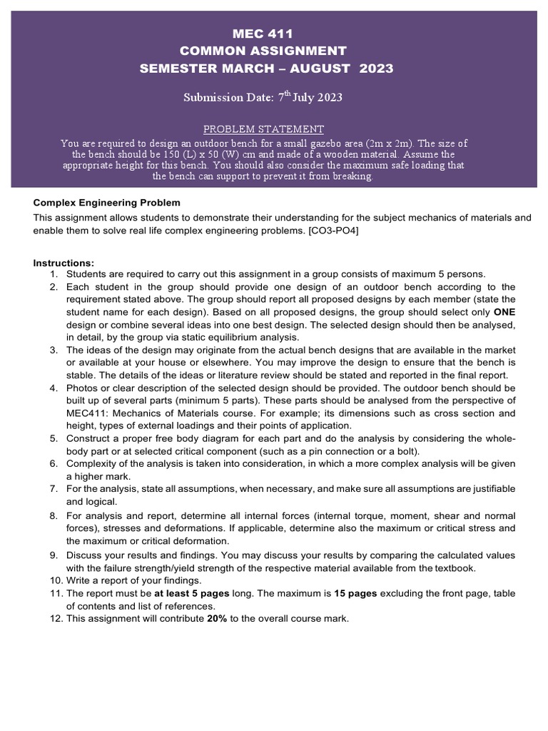 COMMON ASSIGNMENT - Outdoor Bench - Mar-Aug2023 | PDF | Strength Of Materials | Physical Sciences