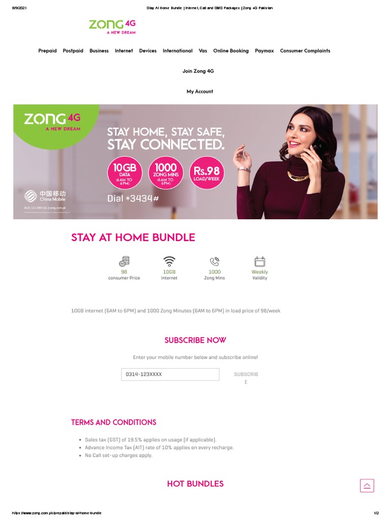 Stay at Home Bundle - Internet, Call and SMS Packages - Zong 4G ...