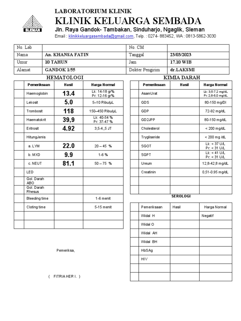 Contoh Formulir Hasil Laboratorium Hema Kimia Pdf