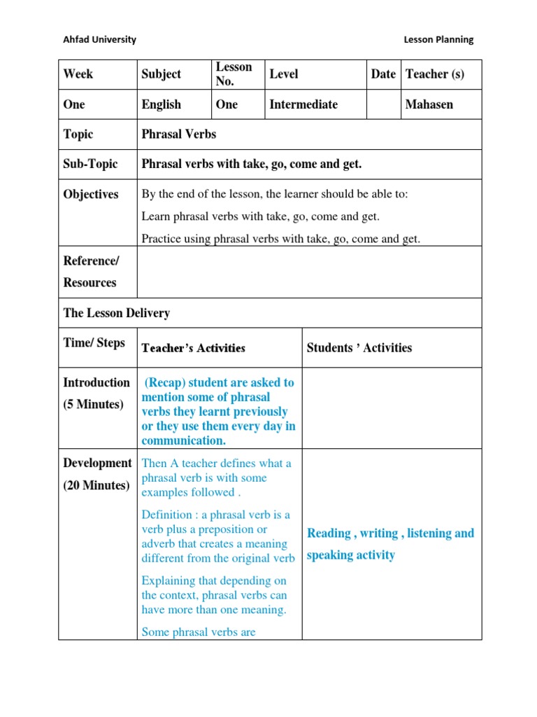 Phrasal (Mahasen) Lesson Plan | PDF | Verb | Preposition And Postposition