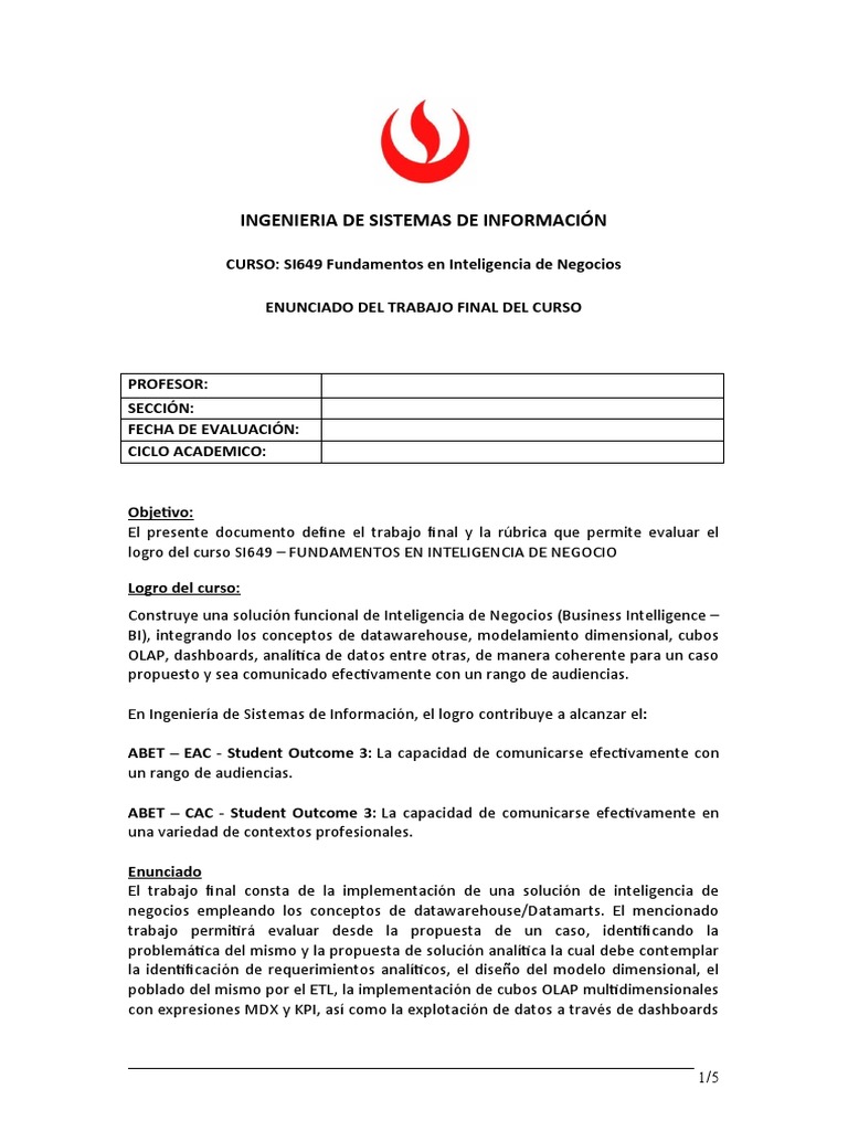 SI649 - Enunciado Del Trabajo Final - 2022-01 | PDF | Almacén de datos | Inteligencia de negocios