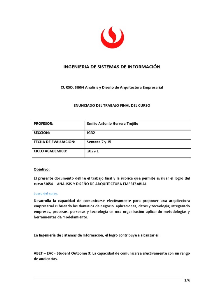 IG32 - SI654 Enunciado Del Trabajo Final v2022-1 | PDF | Arquitectura empresarial | Ingeniería ...