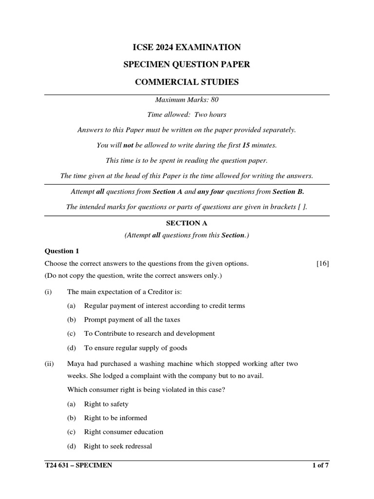 Icse 2024 Specimen 631 CST | PDF | Banks | Insurance