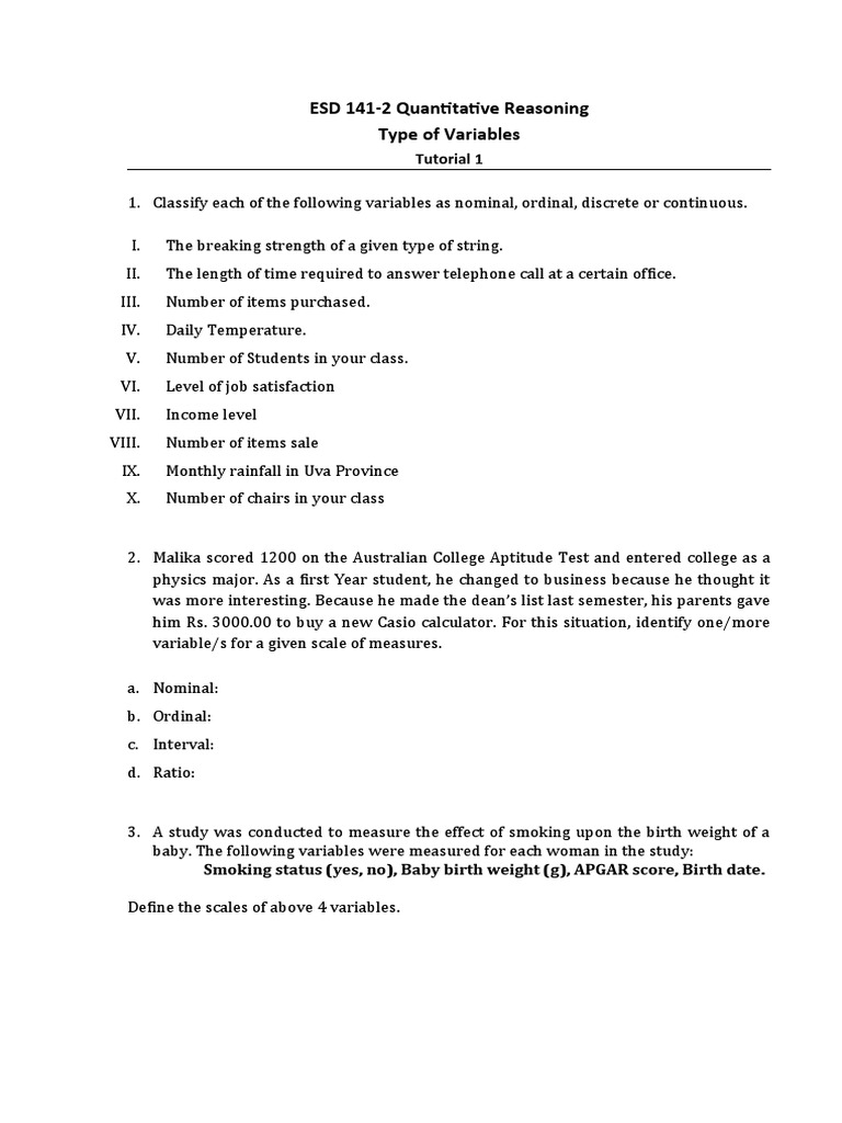 Types of Variables in Quantitative Reasoning | PDF