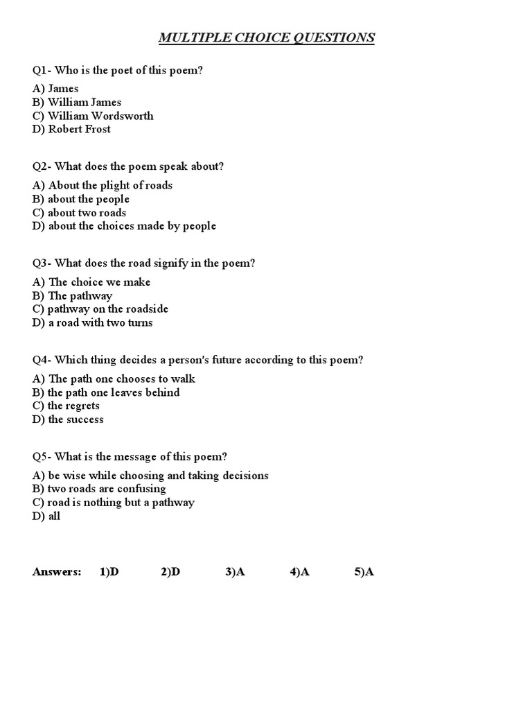 Multiple Choice Questions Answers 1 D 2 D 3 A 4 A 5 A Pdf
