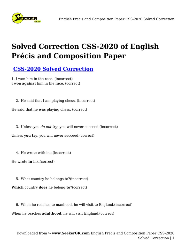English Précis and Composition Paper CSS-2020 Solved Correction | PDF | Career & Growth