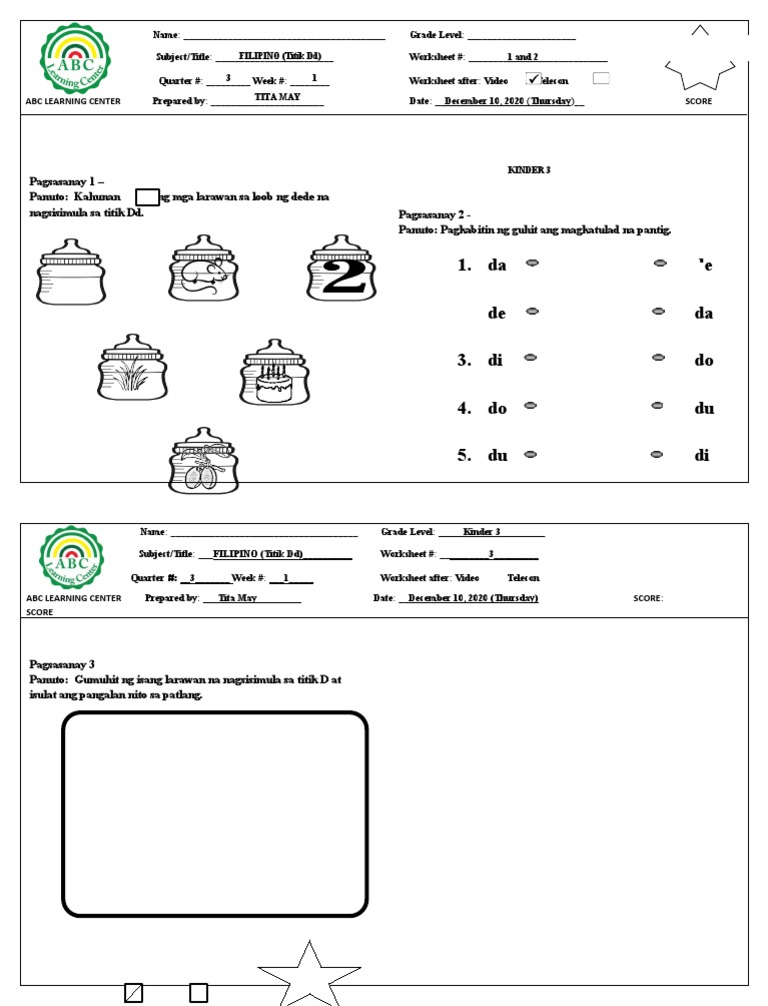 Private Files Kinder 3 Q3 Week 1 Thursday Filipino Titik DD Worksheet After The Video | PDF