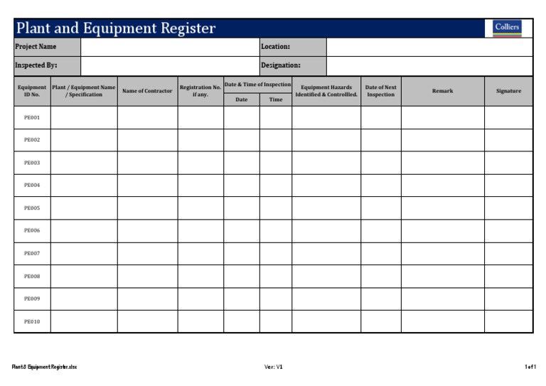 Plant & Equipment Register | PDF