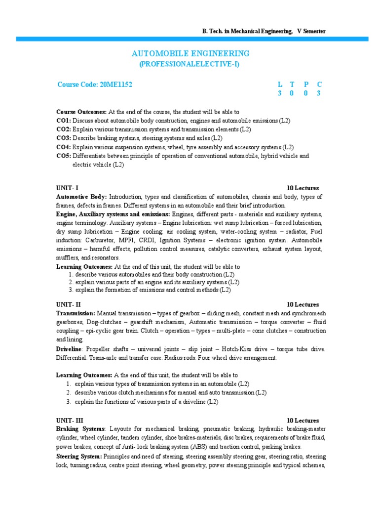 Automobile Engineering: (Professionalelective-I) Course Code: 20ME1152 ...