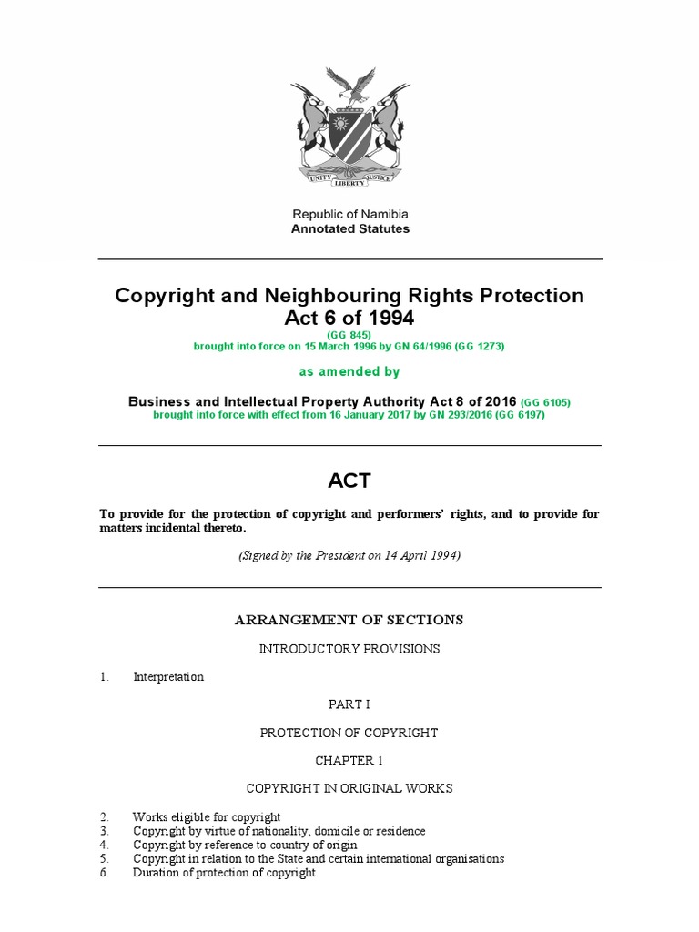 Copyright and Neighbouring Rights Protection Act 6 of 1994 | PDF ...