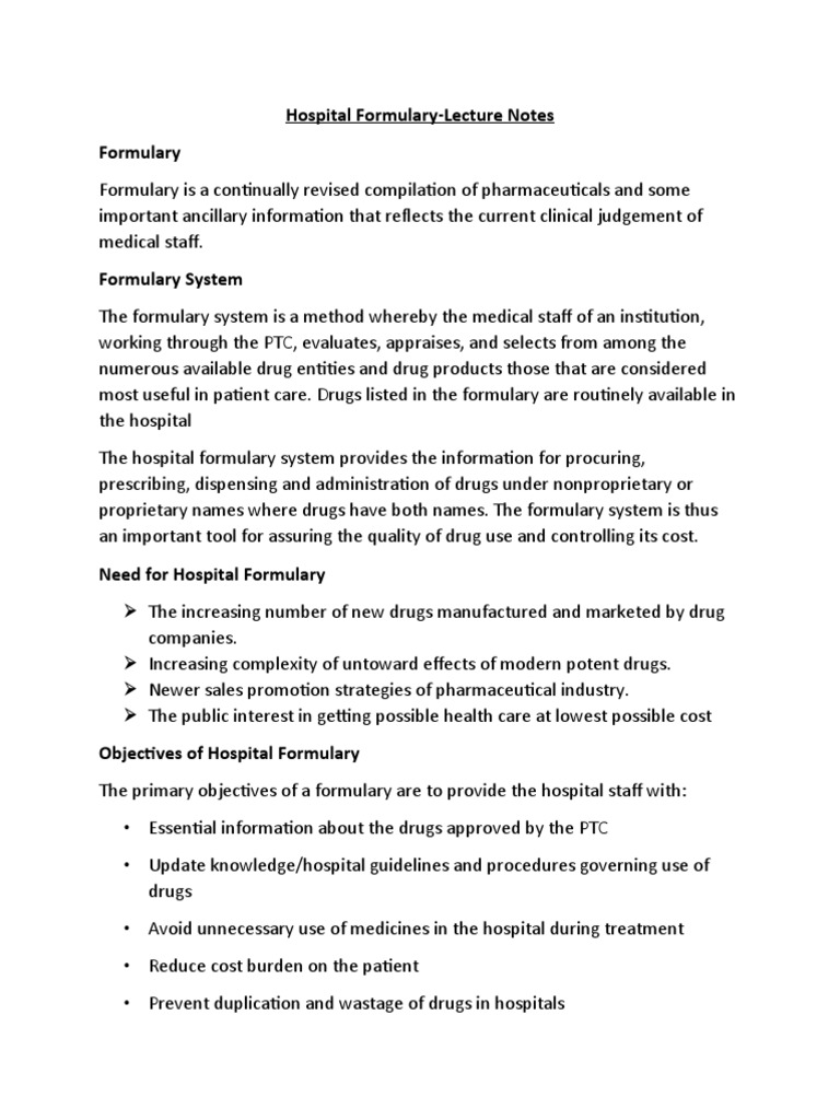 Hospital Formulary-Lecture Notes | PDF | Pharmacy | Chemistry