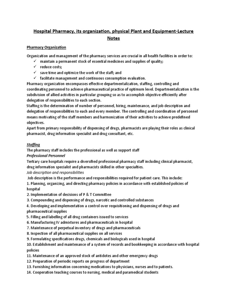 Hospital Pharmacy and Its Organization-Lecture Notes | PDF | Pharmacy ...